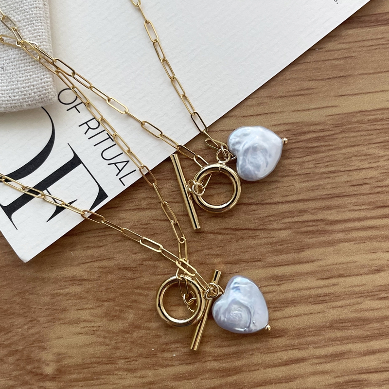 VLS Heart-Shaped Baroque Pearl 14K Gold OT Clasp Necklace - VLS Jewellery